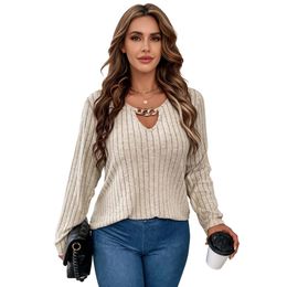 KoJooin Shirt 'Damen-Plus-Size-Langarmshirt mit V-Ausschnitt und feiner Rippstruktur' female size 4XL Khaki