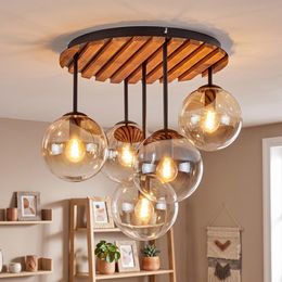 hofstein Boho Cluster-Deckenleuchte Gastor mit klaren Schirmen, Naturfarben-Lamellenplatte Metall und Holz, Glas in Bernstein und Rauch, &oslash; 15 cm, E14