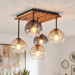 hofstein Cluster-Deckenleuchte Koyoto mit Holzlamellenplatte, 5 Schirmen in Bernstein, Rauch und Klar Metall, &oslash; 15 cm, E14, 25 Watt, Lichteffekt an der Decke