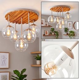 Boho-Deckenleuchte Koyoto mit Glaskugeln, Holzlamellenplatte in Naturfarben Material aus Metall und Holz, klare Glaskugeln, &oslash; 48 cm, extern dimmbar