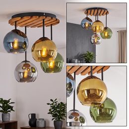 hofstein Holz-Deckenleuchte Koyoto mit Holzlamellenplatte in Naturfarben, 4 Schirme Glas in Chrom, Rauchfarben, Blau, Gr&uuml;n und Gold, Fassung E14