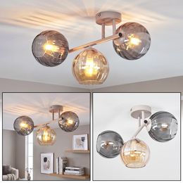 hofstein Moderne Kugel-Deckenleuchte Koyoto mit 3 Riffelglasschirmen in Rauch und Bernstein Metallgestell in Sandfarben, Lichteffekt an der Decke, &oslash; 15 cm, E14