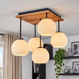 Cluster-Deckenleuchte Koyoto mit wei&szlig;en Glasschirmen aus Glas an einer Holzlamellenplatte Metall mit Holz in Naturfarben, im Boho Style, E14, 25 Watt