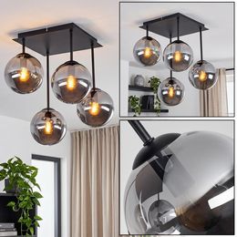 hofstein Moderne Cluster-Deckenleuchte Gastor mit 4 runden Rauchglas-Kugelschirmen Metallgestell, quadratische Deckenplatte, &oslash; 35,5 cm, 25 Watt, E14