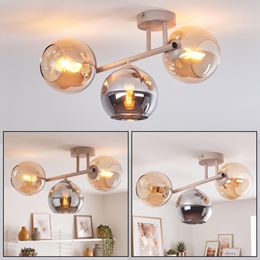 Kugel-Deckenleuchte Koyoto mit drei Cluster-Glasschirmen in Chrom, Rauch und Bernstein Aus Metall, modernes Gestell in Sandfarben, E14, &oslash; 15 cm