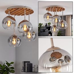 hofstein Cluster-Deckenleuchte Koyoto mit 4 Rauchglas-Schirmen und Holzlamellen-Abdeckung Aus Metall in Sandfarben im Boho Style, E14, &oslash; 15 cm, 25 Watt