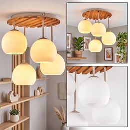 hofstein Boho Cluster-Deckenleuchte Koyoto mit 4 wei&szlig;en Glaskugeln und Holzlamellenplatte Aus Metall, Sandfarben an den Abh&auml;ngungen, &oslash; 39,5 cm, E14
