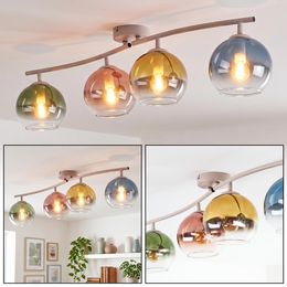 hofstein Retro-Kugel-Deckenleuchte Koyoto mit 4 bunten Glasschirmen an geschwungener Stange Metallgestell in Sandfarben, &oslash; 15 cm, E14, extern dimmbar