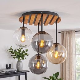 hofstein Boho-Cluster-Deckenleuchte Gastor mit Glaskugeln in Klar, Rauchfarben und Bernsteinfarben Aus Metall und Holz, &oslash; 39,5 cm, E14-Fassung, 25 Watt
