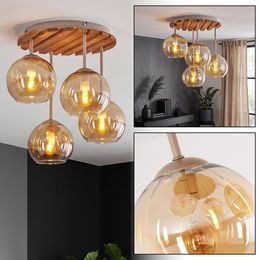 Cluster-Deckenleuchte Koyoto mit Holzlamellenplatte, 4 bernsteinfarbenen Glasschirmen Metall, &oslash; 39,5 cm, E14, 25 Watt, f&uuml;r externe Dimmer geeignet
