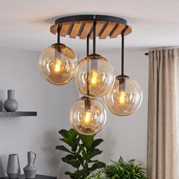 hofstein Cluster-Deckenleuchte Gastor mit vier bernsteinfarbenen Glaskugeln und Holzlamellen-Abdeckung Metallgestell, Gesamtdurchmesser &oslash; 39,5 cm, E14, 25 Watt