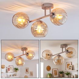 Retro-Kugel-Deckenleuchte Koyoto mit drei runden bernsteinfarbenen Riffelglasschirmen Aus Metall in Sandfarben, Lichteffekt an der Decke, &oslash; 15 cm, E14