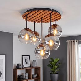 Naturfarbene Boho-Cluster-Deckenleuchte Koyoto mit Holzlamellenplatte und 5 klaren Glaskugeln Aus Metall mit Deckenplatte &oslash; 48 cm, E14, extern dimmbar