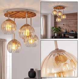 Boho-Cluster-Deckenleuchte Koyoto mit 4 bernsteinfarbenen Riffelglaskugeln Lichteffekt an der Decke, Holzdetails, &oslash; 39,5 cm, &oslash; 15 cm, E14