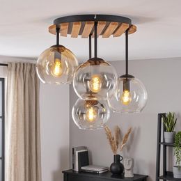 hofstein Boho-Cluster-Deckenleuchte Koyoto mit 4 Glasschirmen in Klar, Bernstein und Rauch Metall, Holzlamellen-Abdeckung, &oslash; 39,5 cm, E14, 25 Watt