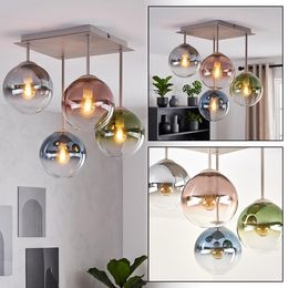 Moderne Cluster-Deckenleuchte Gastor mit 4 bunten Glaskugeln, Gestell sandfarben Glasschirme in Blau, Gr&uuml;n, Kupfer und Klar, E14, 25 Watt