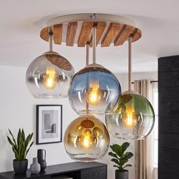Boho-Cluster-Deckenleuchte Koyoto mit 4 blauen Glasschirmen, Holz in Naturfarben Aus Metall, &oslash; 39,5 cm, Deckenplatte &oslash; 15 cm, E14, 25 Watt