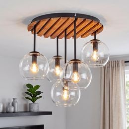 Cluster-Deckenleuchte Koyoto mit 5 klaren Glasschirmen und Lamellenplatte Aus Metall mit Holz in Naturfarben, E14, &oslash; 15 cm, 25 Watt im Boho Style