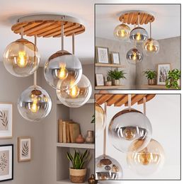 hofstein Boho-Kugel-Deckenleuchte Gastor mit 4 Glasschirmen in Rauch, Bernstein und Klar Aus Metall und Holz, Deckenplatte &oslash; 39,5 cm, E14, 25 Watt