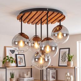 Boho-Cluster-Deckenleuchte Gastor mit Holzlamellenplatte und 5 klaren Glasschirmen Metallrahmen, Gesamtdurchmesser 48 cm, E14, 25 Watt, extern dimmbar