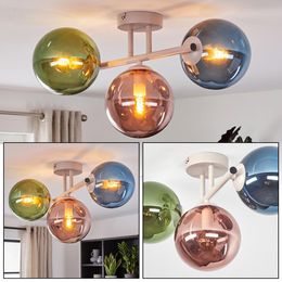hofstein Cluster-Deckenleuchte Gastor mit drei Glasschirmen in Blau, Gr&uuml;n und Kupferfarben Metallgestell in Sandfarben, &oslash; 15 cm, Fassung E14, 25 Watt