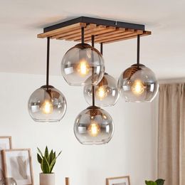 Cluster-Deckenleuchte Koyoto mit 5 klaren Glaskugeln f&uuml;r den Esstisch Holzlamellenplatte in Naturfarben, Metallrahmen, E14-Fassung, &oslash; 15 cm
