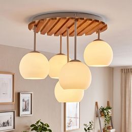Boho Style Deckenleuchte Koyoto mit f&uuml;nf runden wei&szlig;en Glasschirmen und Lamellen Aus Metall und naturfarbenem Holz, &oslash; 48 cm, E14, 25 Watt