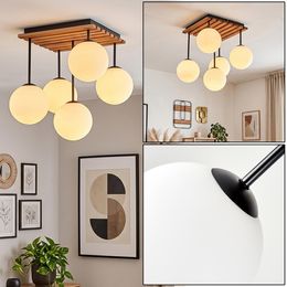 Skandinavische Kugel-Deckenleuchte Gastor mit 5 wei&szlig;en Glasschirmen und Holzlamellenplatte Metall, E14-Fassung, f&uuml;r externe Dimmer geeignet, 25 Watt