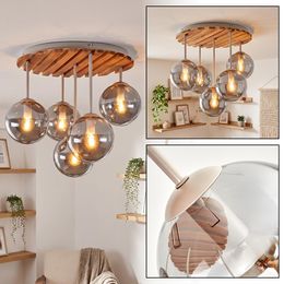 hofstein Naturfarbene Holzlamellen-Deckenleuchte Gastor mit 5 Rauchglasschirmen im Cluster Deckenplatte aus Metall, &oslash; 48 cm, E14-Fassung, 25 Watt