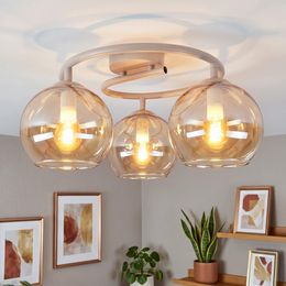 Moderne Kugel-Deckenleuchte Koyoto mit drei bernsteinfarbenen Glasschirmen Metallgestell in Sandfarben, &oslash; 37 cm, Glas &oslash; 15 cm, E14, 25 Watt