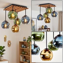 Boho Cluster-Deckenleuchte Koyoto mit Holzlamellenplatte und f&uuml;nf Glaskugeln F&uuml;r den Esstisch, in Blau, Gr&uuml;n und Gold, E14, extern dimmbar