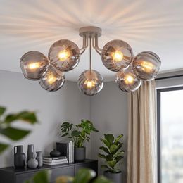 hofstein Cluster-Deckenleuchte Koyoto mit sieben rauchfarbenen Retro-Riffelglasschirmen Aus Metall in Sandfarben, &oslash; 82 cm, E14, Lichteffekt an der Decke