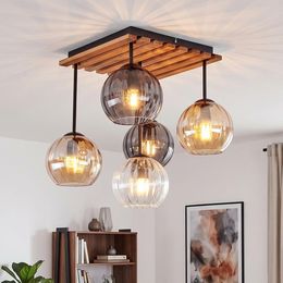Cluster-Deckenleuchte Koyoto mit 5 Riffelglasschirmen in Klar, Bernstein und Rauch Holzlamellenplatte, &oslash; 15 cm, E14, Lichteffekt an der Decke