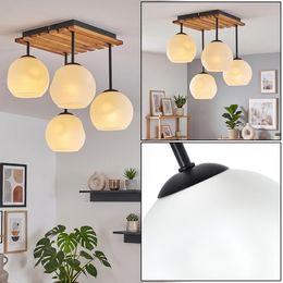 Naturfarbene Boho-Holz-Deckenleuchte Ripoll mit 4 wei&szlig;en Kugelschirmen Rechteckige Lamellenplatte, schwarze Abh&auml;ngungen, Glas &oslash; 15 cm, E14