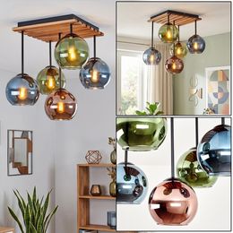 Cluster-Deckenleuchte Koyoto im Boho Style mit 5 bunten Kugelschirmen, E14 Glas in Blau, Gr&uuml;n und Kupferfarben, naturfarbene Holzlamellenplatte