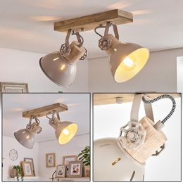 hofstein Deckenleuchte Orny mit Holzbalken im Boho Style, dreh- und schwenkbare Leuchtenk&ouml;pfe Sandfarbene Metallschirme, E27, 2-flammig, Durchmesser 15,5 cm