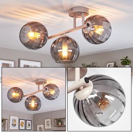 hofstein Retro-Deckenleuchte Koyoto mit drei runden rauchfarbenen Riffelglas-Kugelschirmen Metallgestell in Sandfarben, &oslash; 15 cm, E14, Lichteffekt an der Decke