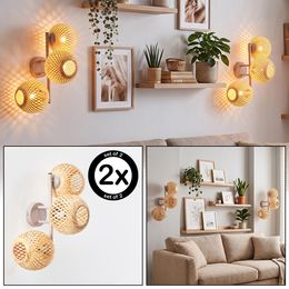 Kugel-Wandleuchte Basto im 2er-Set mit Boho-Bambus-Gitterstruktur, f&uuml;r die Couch Aus Metall in Sandfarben mit naturfarbenen Schirmen, Wand-Lichteffekt