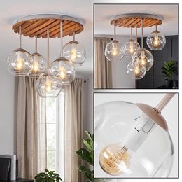Naturfarbene Boho Cluster-Deckenleuchte Ripoll mit 5 klaren Glaskugeln Holzlamellenplatte und Metall in Sandfarben, &oslash; 48/15 cm, E14, 25 Watt