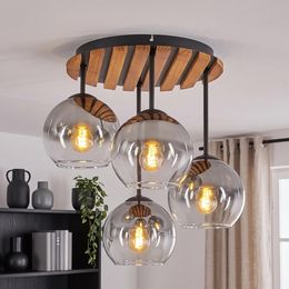 hofstein Kugel-Deckenleuchte Koyoto mit Holzlamellenplatte und 4 klaren rauchfarbenen Glasschirmen Metall, &oslash; 15 cm, &oslash; 39,5 cm, E14, 25 Watt, im Boho-Stil