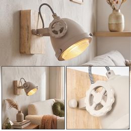 Boho Wandleuchte Herford mit rundem Leuchtenkopf, f&uuml;r die Couch, Gestell in Sandfarben Mit Holz-Wandhalterung, Metall und Glas, klarem Schirm, GU10