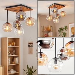 Boho Cluster-Deckenleuchte Koyoto mit 5 Glaskugeln in Bernstein, Chrom, Rauch und Klar Holzlamellenplatte in Naturfarben, E14, f&uuml;r den Esstisch
