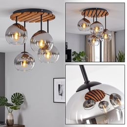 hofstein Boho Cluster-Deckenleuchte Koyoto mit naturfarbener Holzlamellenplatte und 4 klaren Schirmen Rauchfarbenes Glas und Metall, E14, &oslash; 39,5 cm, 25 Watt