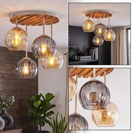 Boho-Kugel-Deckenleuchte Koyoto mit Holzlamellen-Abdeckung und 4 Glasschirmen in Rauch Lichteffekt an der Decke, Deckenplatte, &oslash; 15 cm, E14