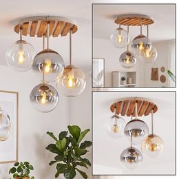 Boho-Deckenleuchte Gastor mit 4 Glaskugeln in Klar, Rauch, Bernstein Aus Metall in Wei&szlig; mit Holzlamellen in Naturfarben, &oslash; 39,5 cm, E14