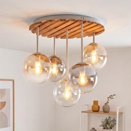 hofstein Cluster-Deckenleuchte Gastor mit Glaskugelschirmen in Klar, Rauch und Bernstein Aus Metall mit Holzdetails in Naturfarben, &oslash; 48 cm, 5-flammig, E14