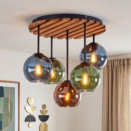 Cluster-Deckenleuchte Koyoto mit Holzlamellenplatte und 5 bunten Glaskugeln, E14 Aus Metall, Schirm-&oslash; 15 cm, runde Deckenplatte, Boho-Stil