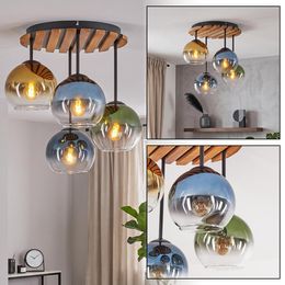 hofstein Boho Kugel-Deckenleuchte Koyoto mit 4 Glasschirmen und Holzlamellenplatte Farbt&ouml;ne in Blau, Gr&uuml;n, Gold und Klar, &oslash; 15 cm, &oslash; 39,5 cm, E14, 25 Watt