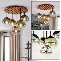 hofstein Cluster-Deckenleuchte Gastor mit Holzlamellenplatte und 5 Glasschirmen in Blau, Gr&uuml;n Metallgestell in Schwarz, Fassung E14, &oslash; 15 cm, 25 Watt