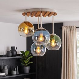 hofstein Boho-Kugel-Deckenleuchte Koyoto mit 4 Glasschirmen in Blau, Gr&uuml;n, Gold und Klar Aus Metall mit Holzlamellen-Abdeckung, &oslash; 39,5 cm, E14, 25 Watt